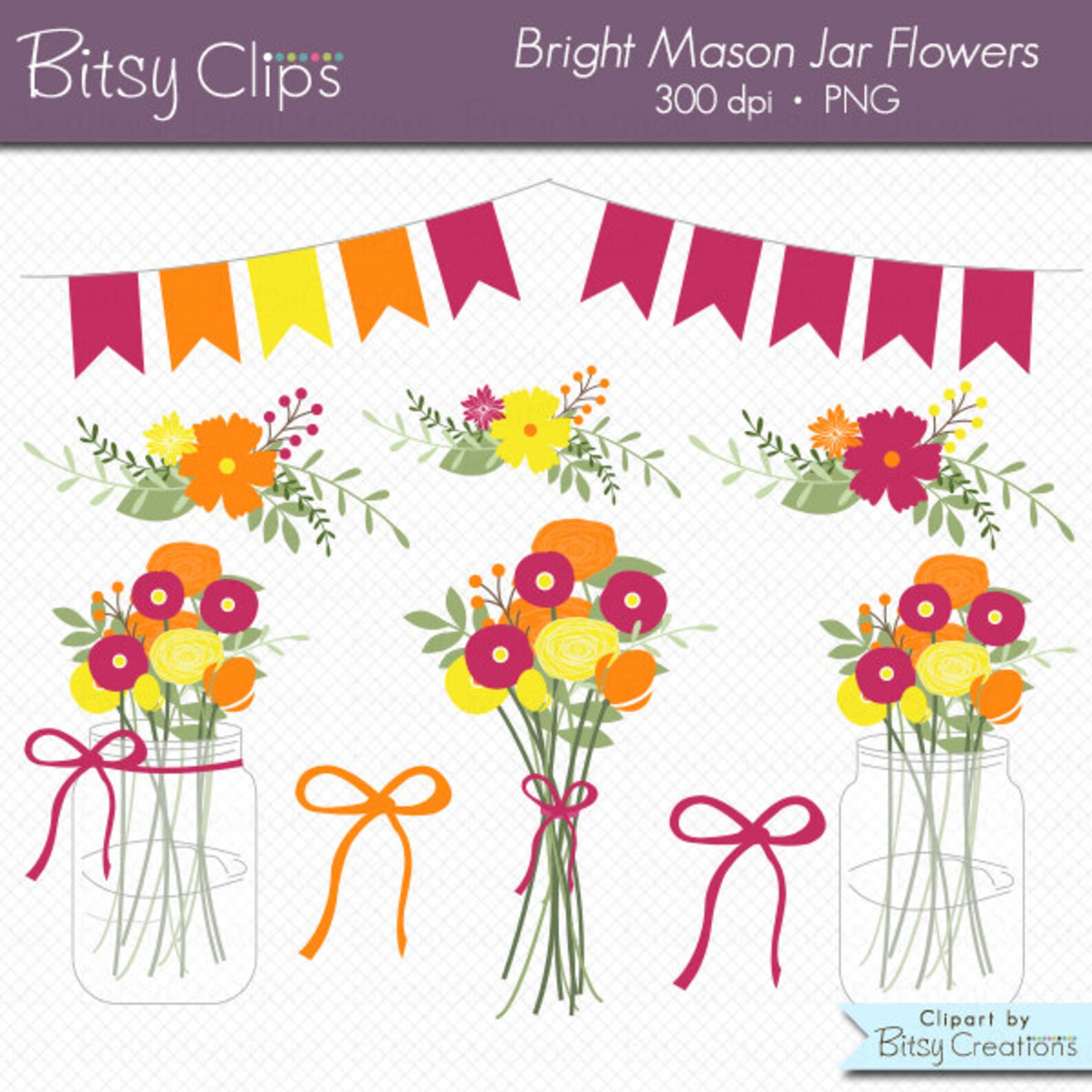 Mason Jar Flowers in Bright Colors Digital Art Set Clipart - Etsy