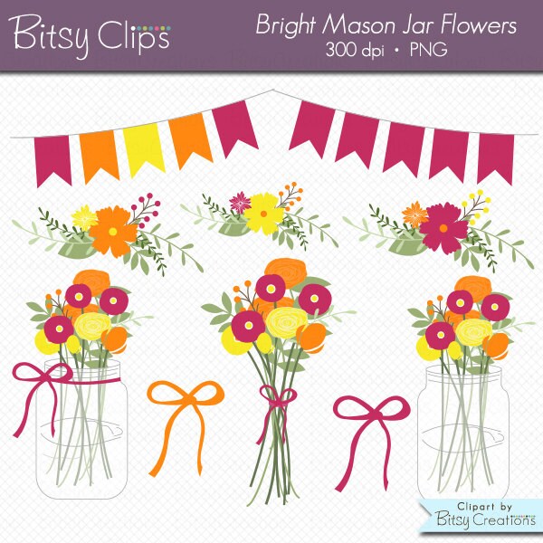 Mason Jar Flowers in Bright Colors Digital Art Set Clipart Commercial ...