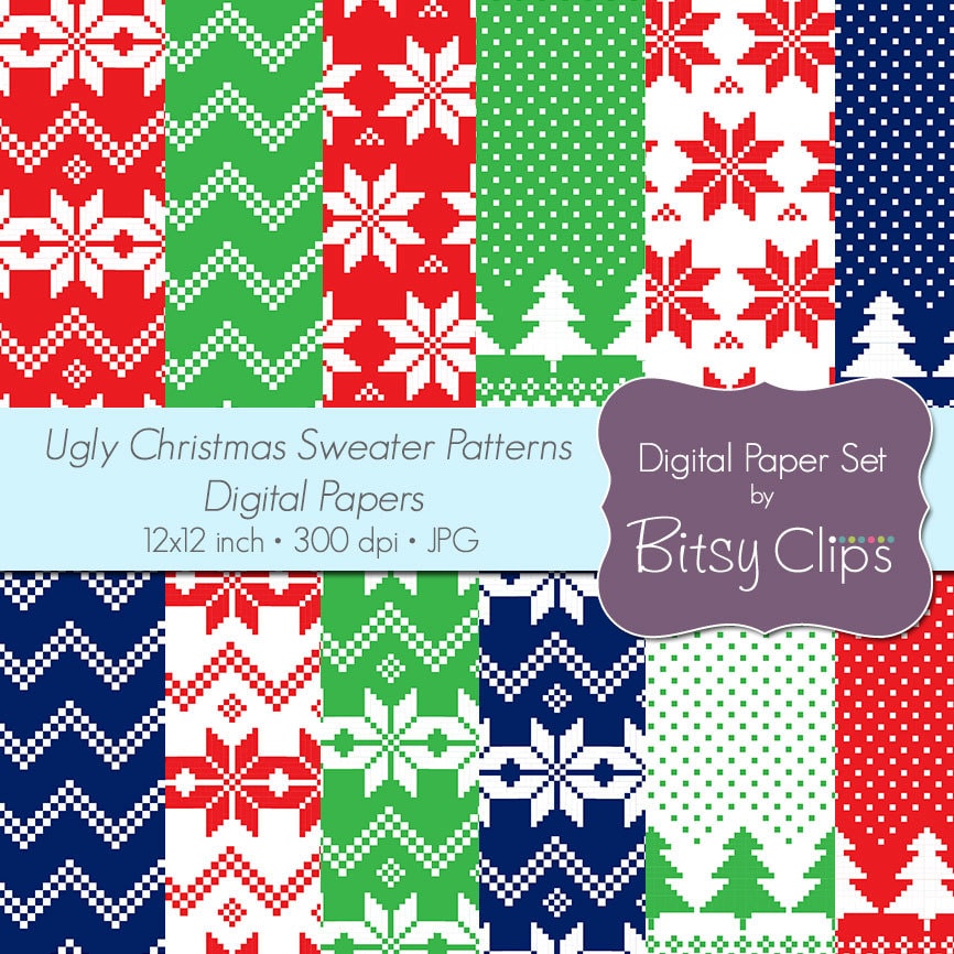 Ugly Christmas Sweater Patterns Digital Paper Set Commercial Use Clip ...