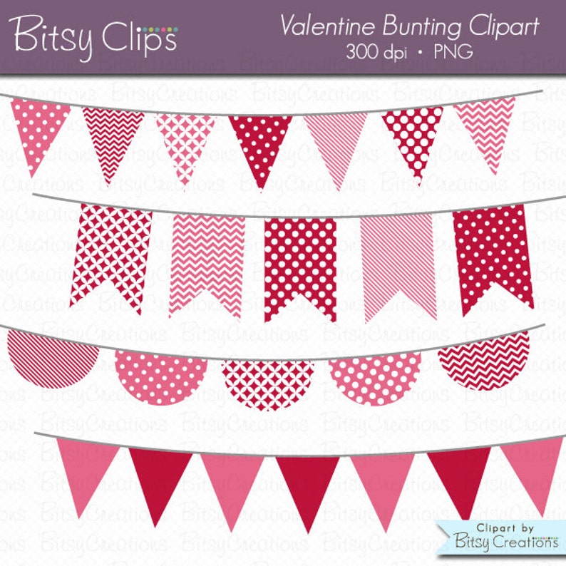 Valentine Bunting Clipart Digital Art Set Red Pink Banner Flag INSTANT ...