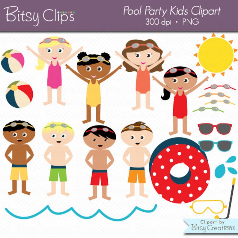Pool Party Kids Digital Art Set Clipart Commercial Use Clip Art INSTANT ...