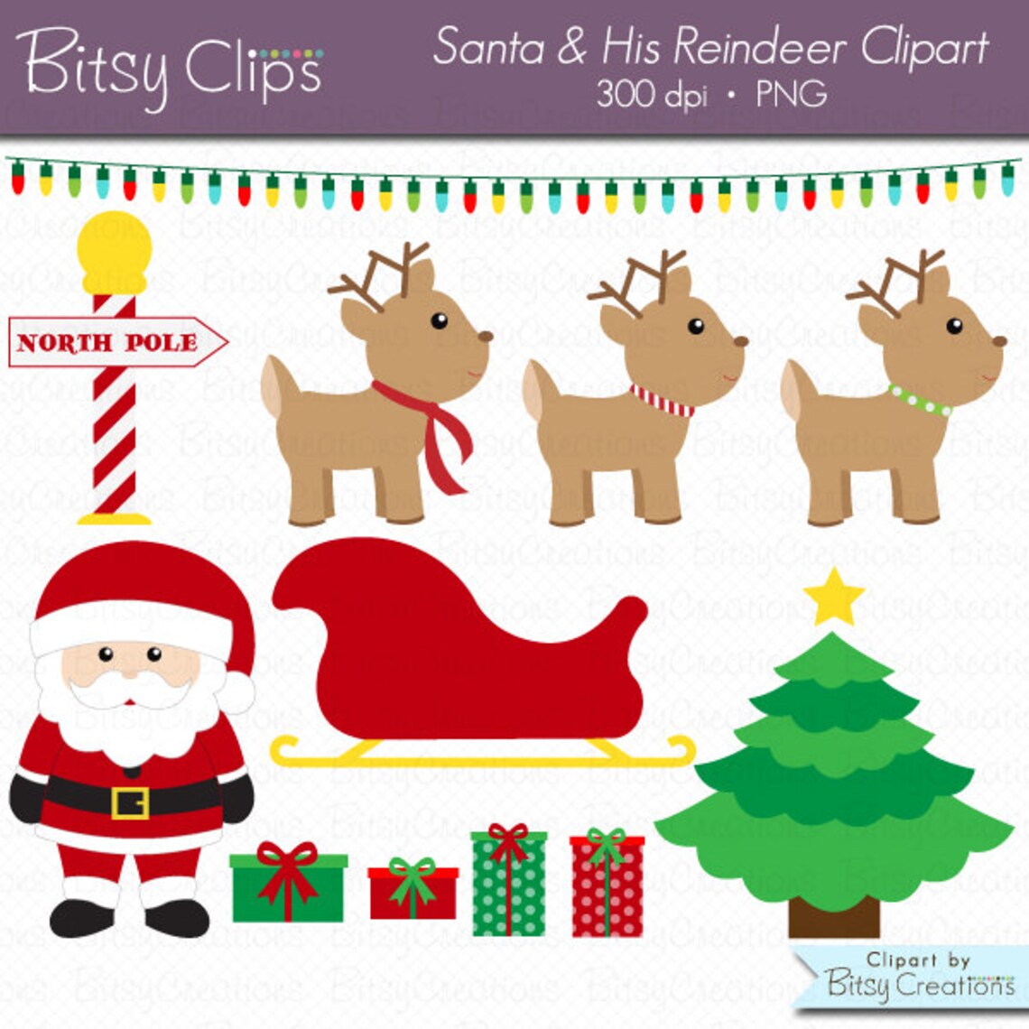 Santa and His Reindeer Digital Art Set Clipart Commercial Use Clip Art ...