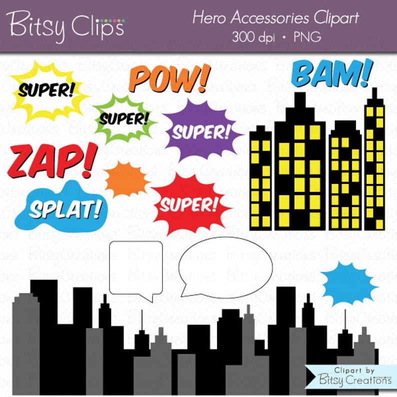 Hero Comic Accessories Digital Art Set Clipart Commercial Use Clip Art ...