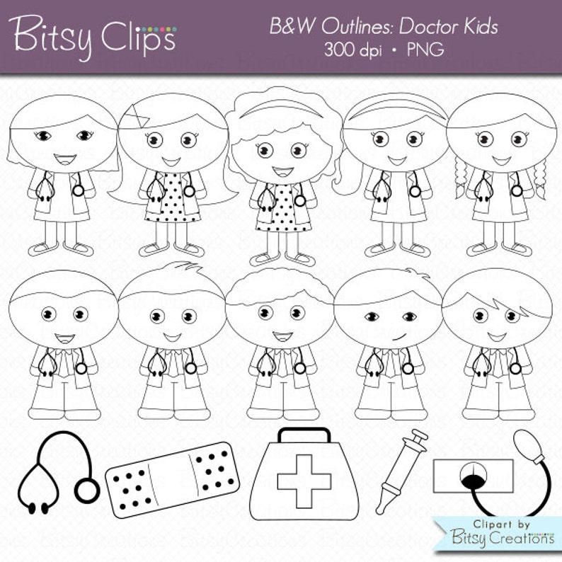 Doctor Kids OUTLINE Digital Art Set Clipart Commercial Use Clip Art ...