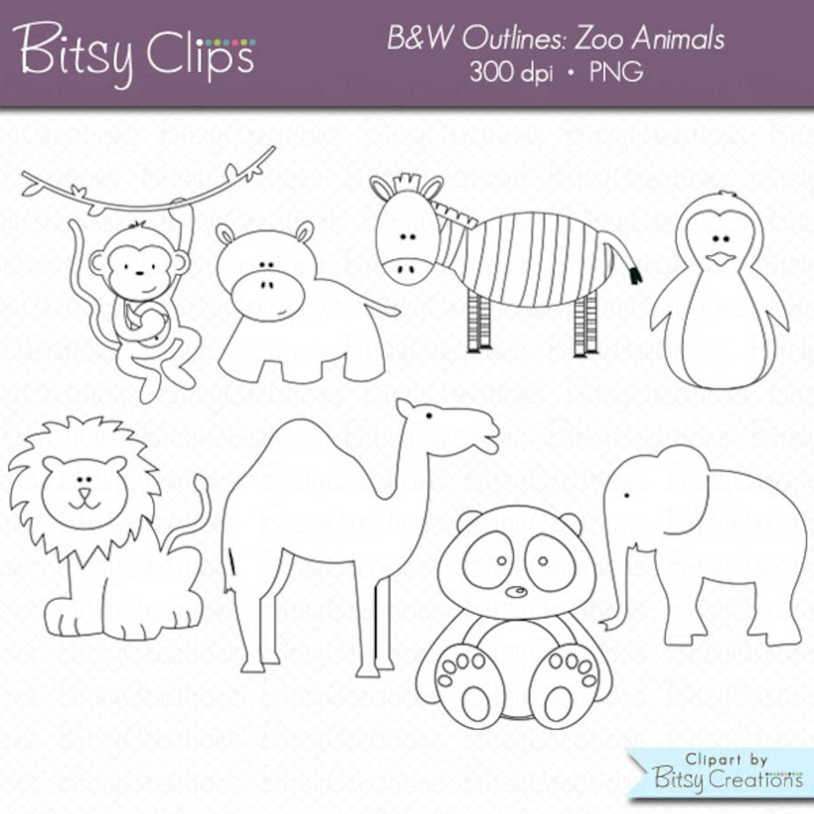 Zoo Animals OUTLINE Digital Art Set Clipart Commercial Use Clip Art ...