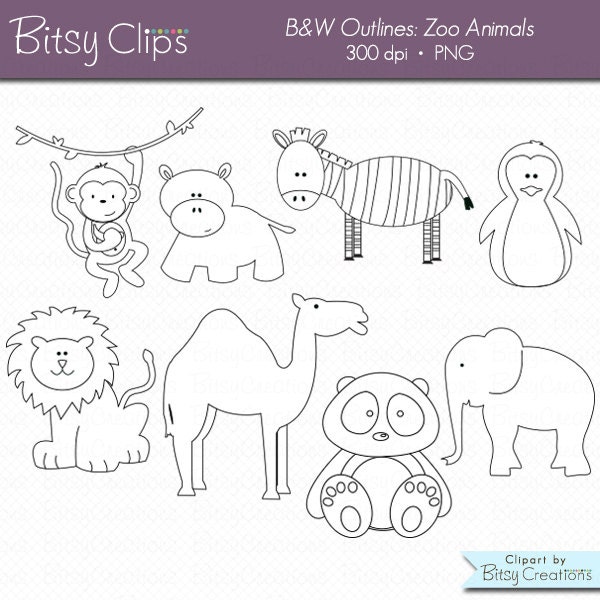 Zoo Animals OUTLINE Digital Art Set Clipart Commercial Use Clip Art ...