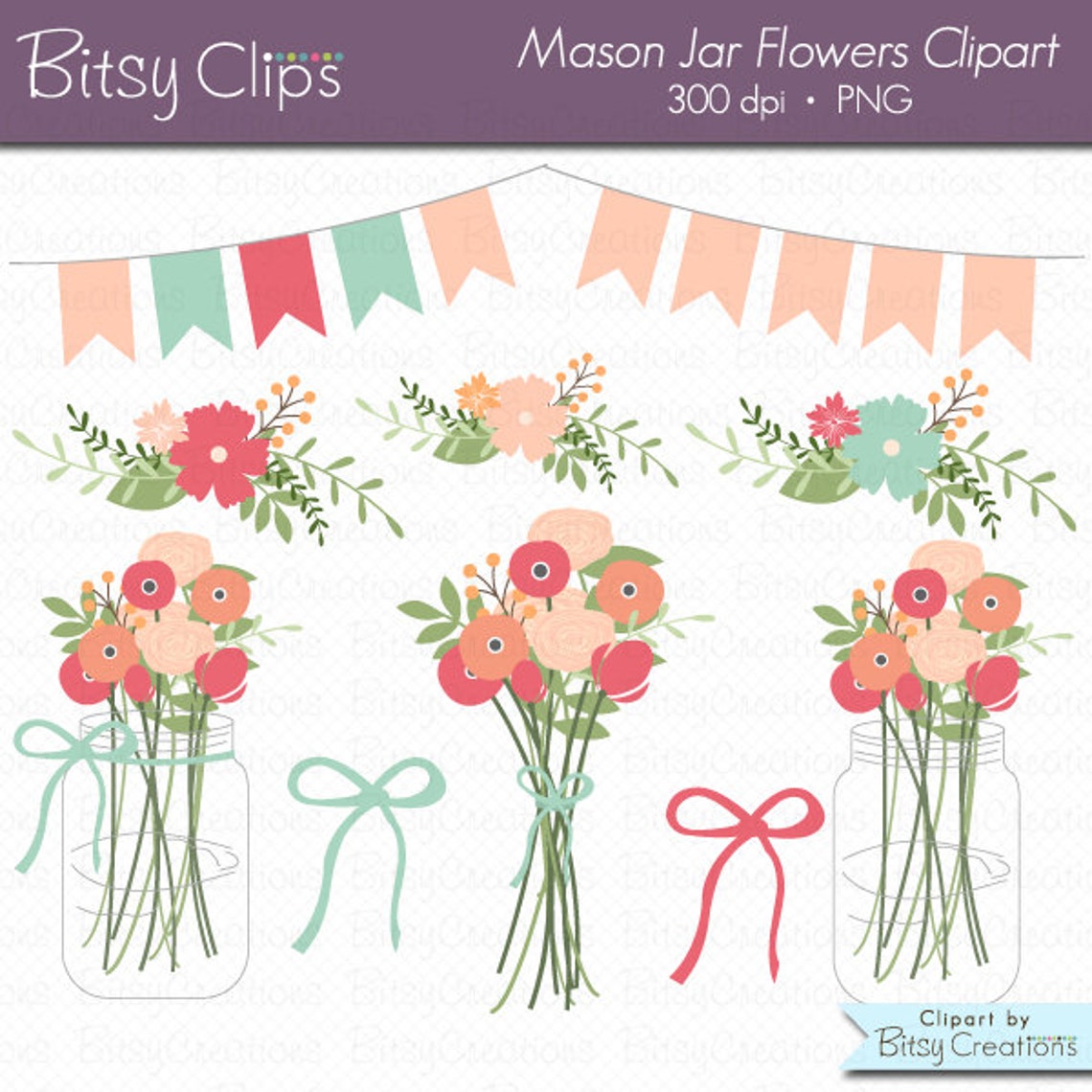 Mason Jar Flowers Digital Art Set Clipart Commercial Use Clip Art ...