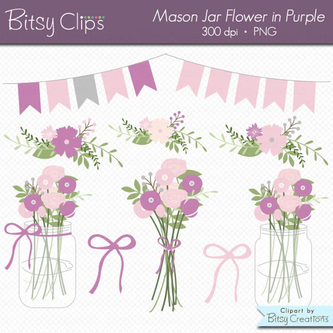 Mason Jar Flowers in Purple and Pink Digital Art Set Clipart Commercial ...