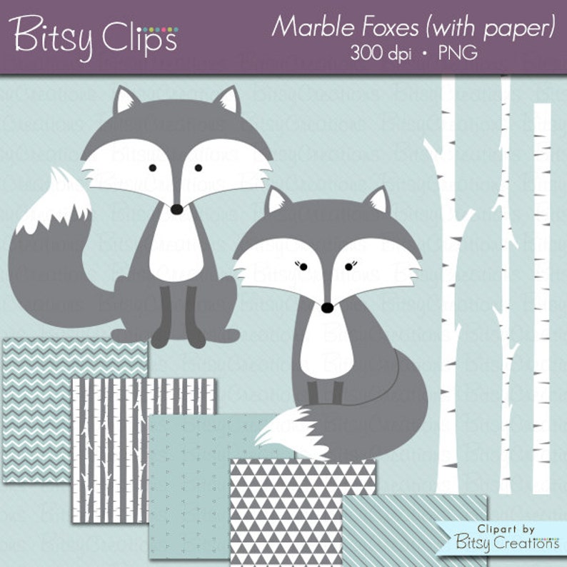 Marble Fox Clipart With Digital Scrapbook Paper INSTANT DOWNLOAD ...