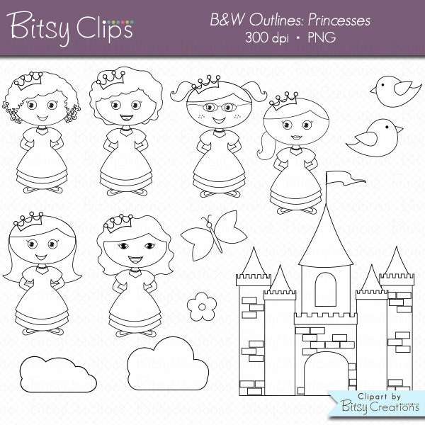 Princess OUTLINE Clipart Black and White Clipart Commercial Use Clip ...