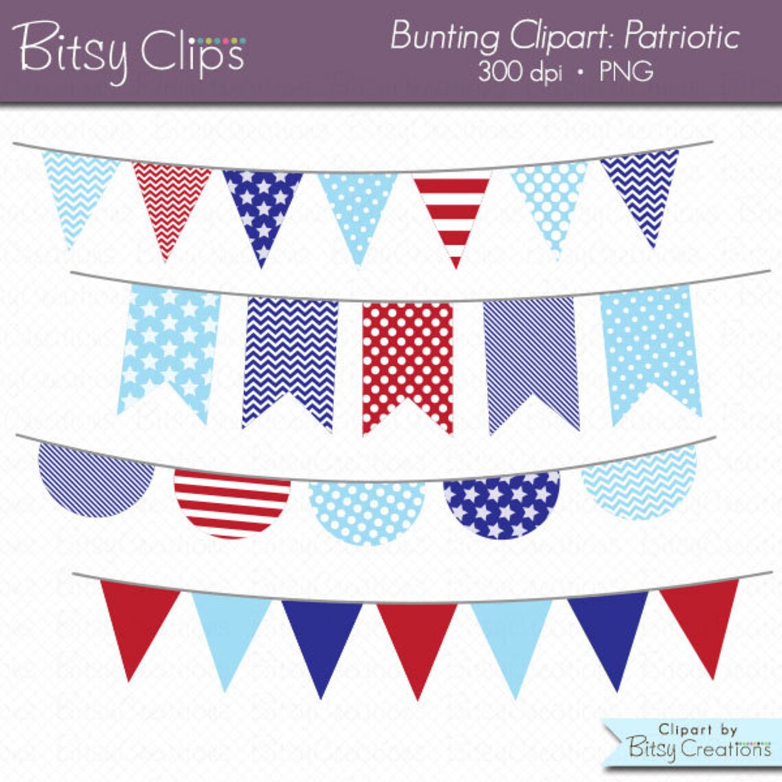 Patriotic Bunting Clipart Digital Art Set Red White and Blue Banner ...