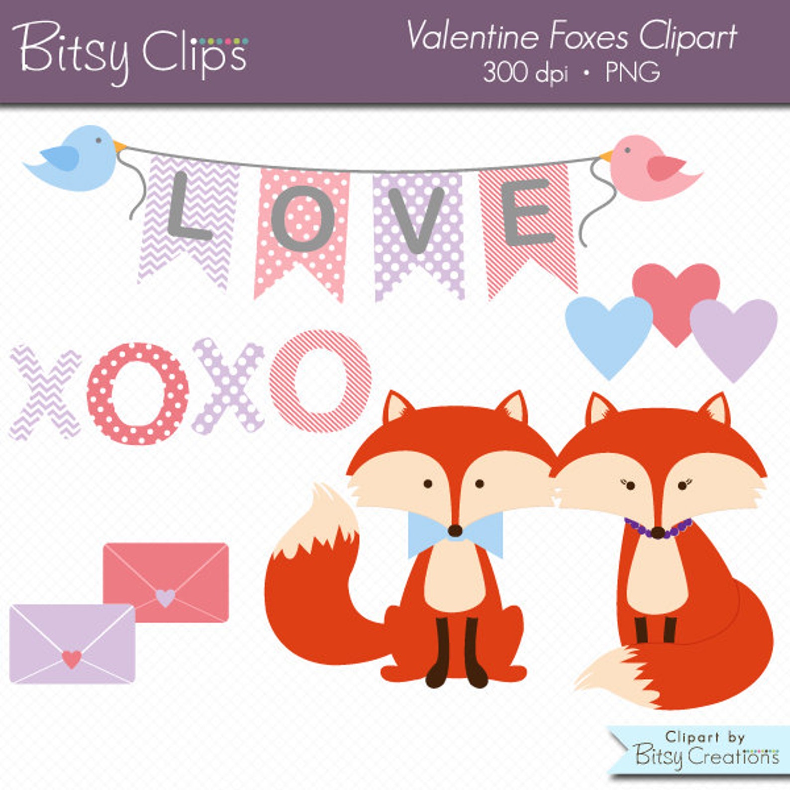 Valentine Fox Clipart Digital Art Set INSTANT DOWNLOAD Fox Clipart ...