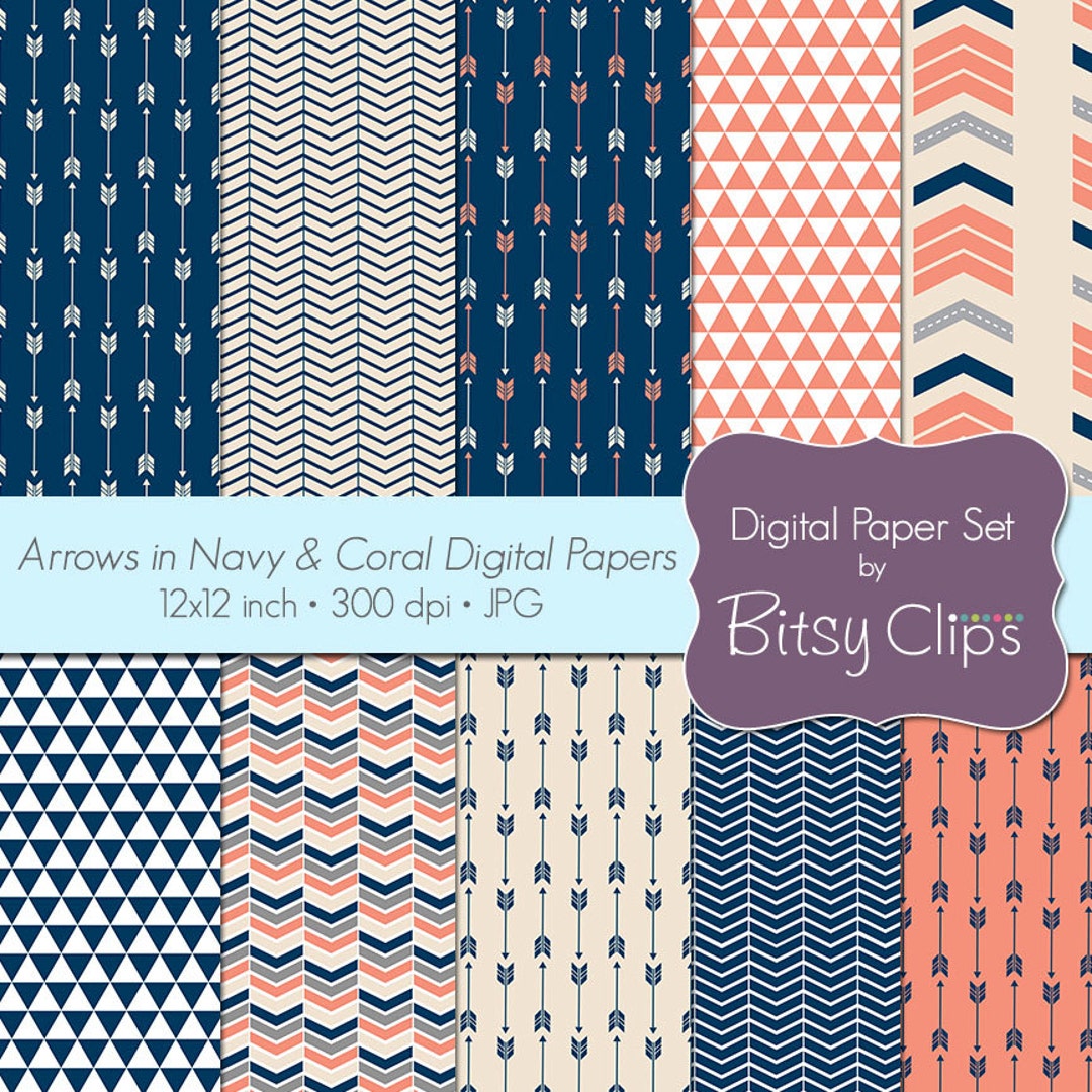 Arrows in Navy and Coral Digital Paper Set Scrapbook Paper INSTANT ...