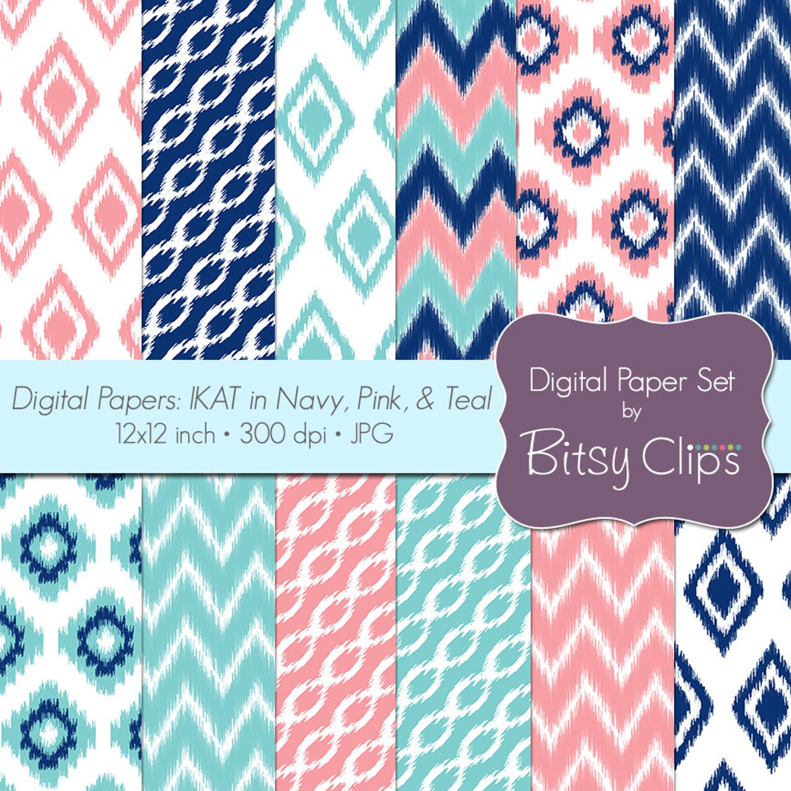 Ikat Digital Paper Set Scrapbook Paper in Navy, Pink, and Teal INSTANT ...