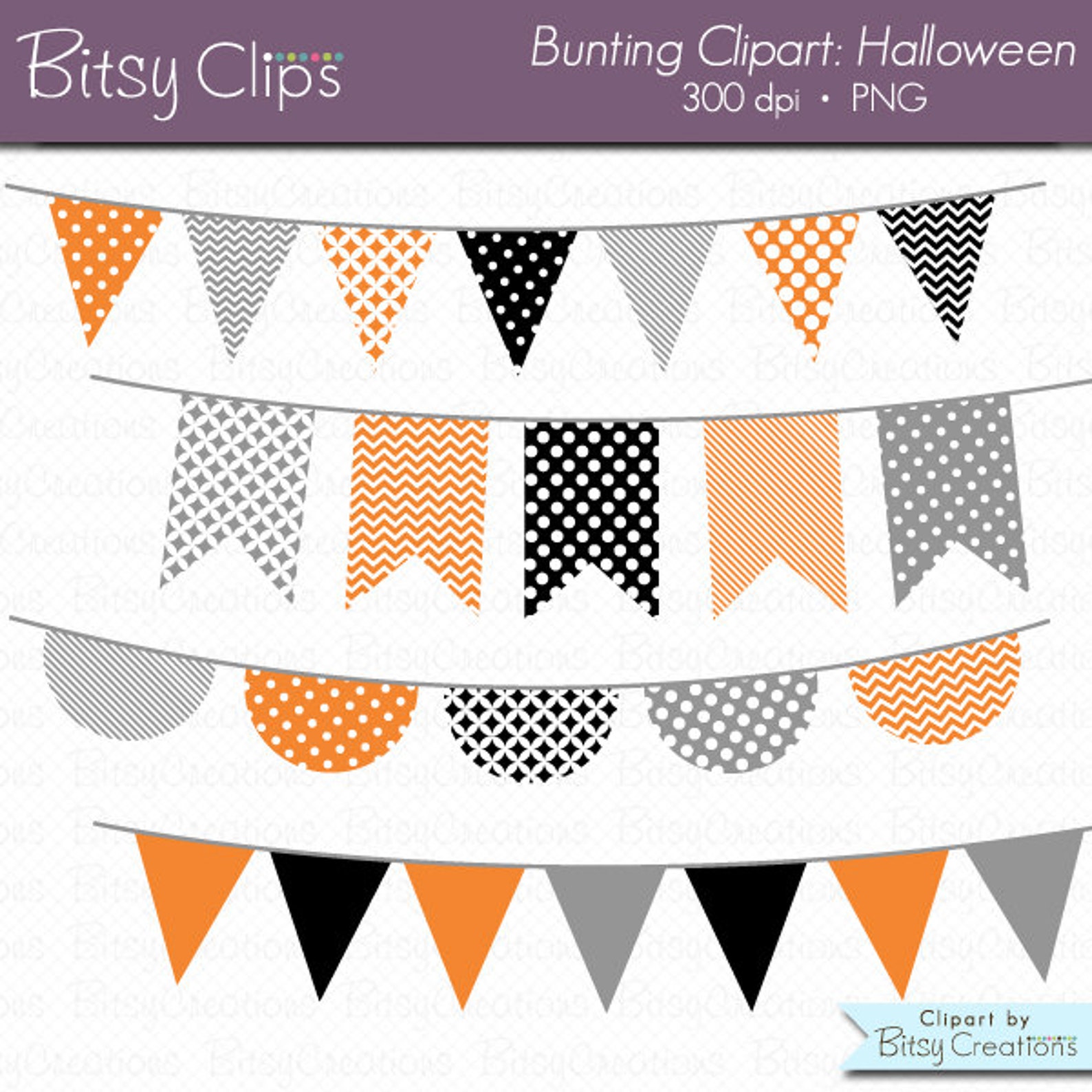 Halloween Bunting Clipart Digital Art Set Black Orange Banner Flag ...