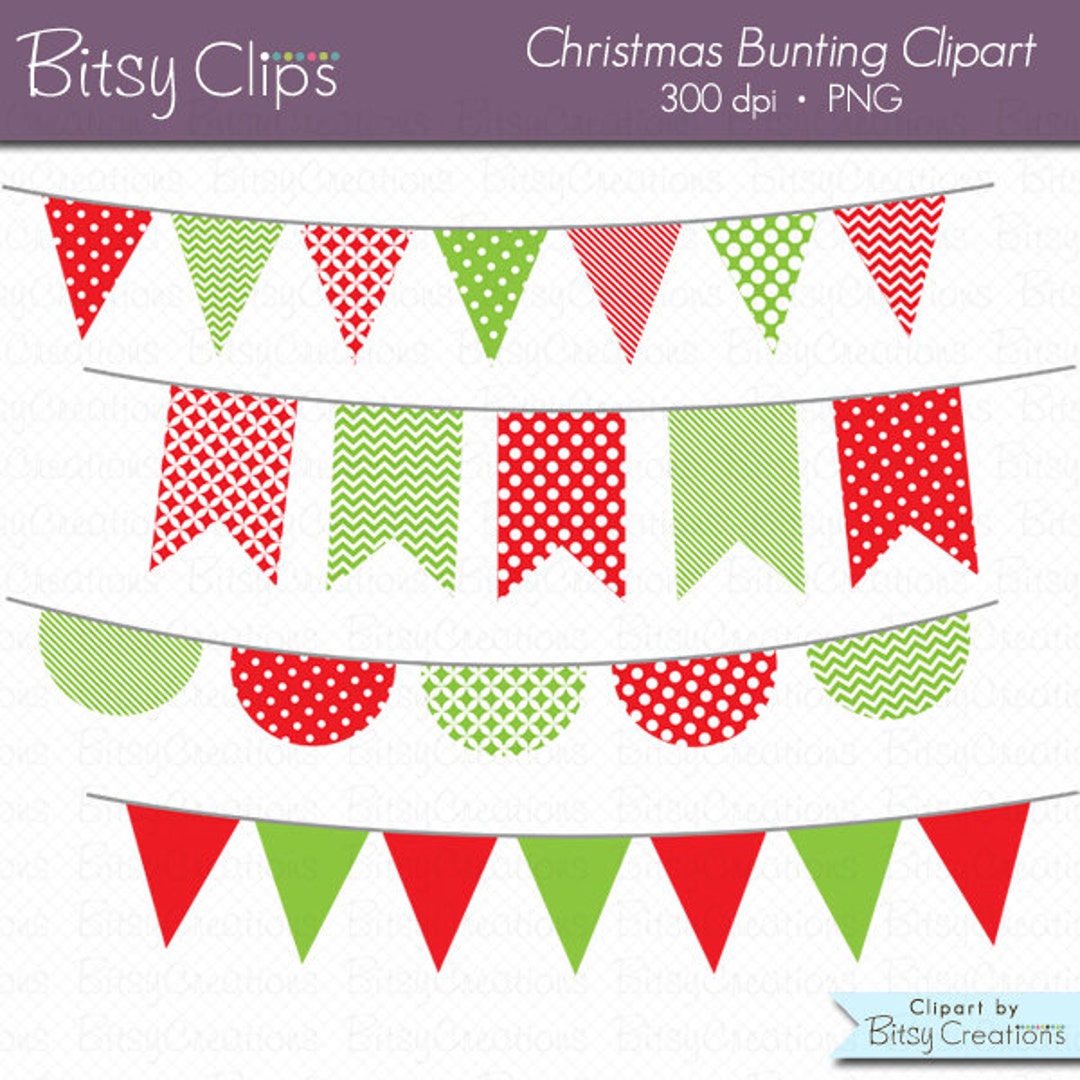 Christmas Bunting Clipart Digital Art Set Red Green Banner Flag INSTANT ...