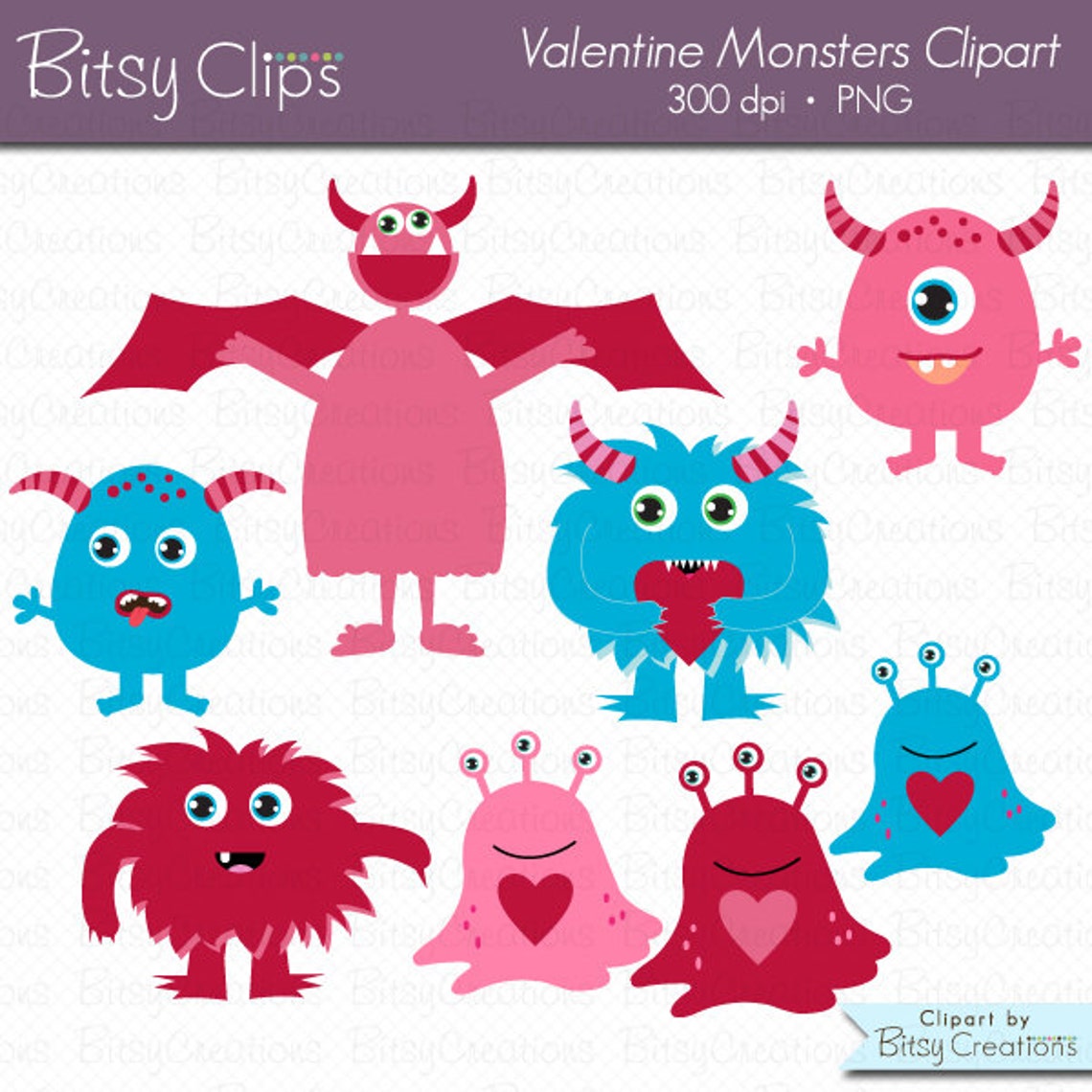 Valentine Monsters Digital Art Set Clipart Commercial Use Clip Art ...