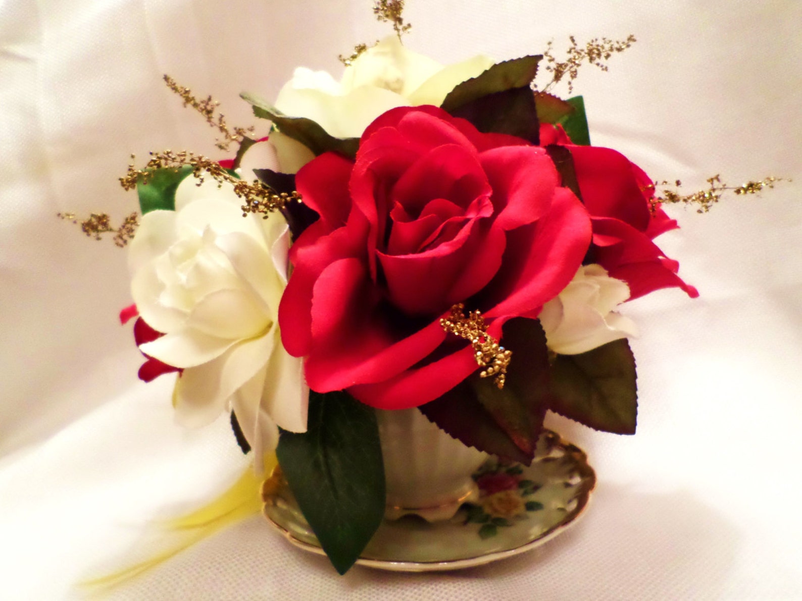 Serendipity ~ TEACUP FLORAL ARRANGEMENT Silk Red Roses & White ...
