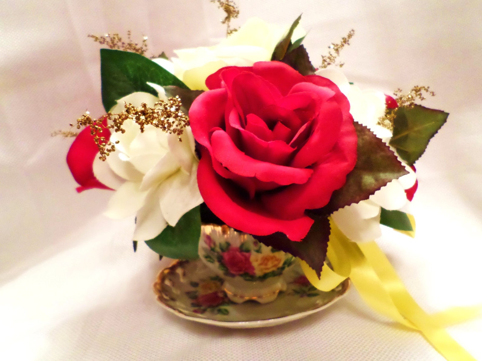 Serendipity TEACUP FLORAL ARRANGEMENT Silk Red Roses & White Magnolias ...