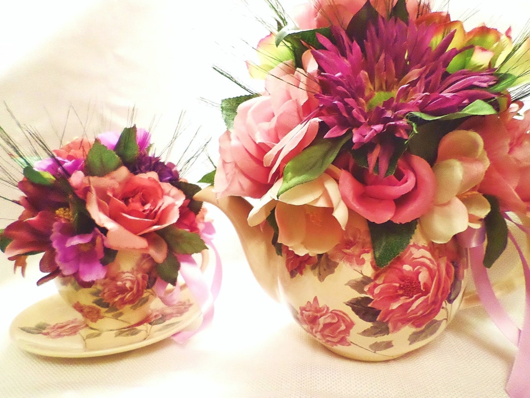 Happy Mother's Day ~ Silk Floral Arrangement Teapot & Teacup W/ Saucer ...