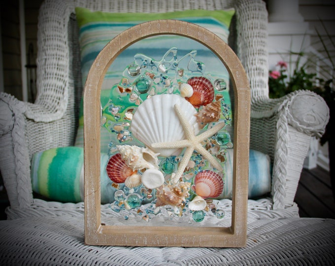 Arch Window Seashell Glass Art for Beach Decor, Teal Beach House Wall ...
