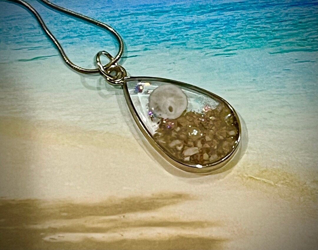 Beach Necklace Pendant, Tear Drop Beach Jewelry, Resin Beach Silver ...
