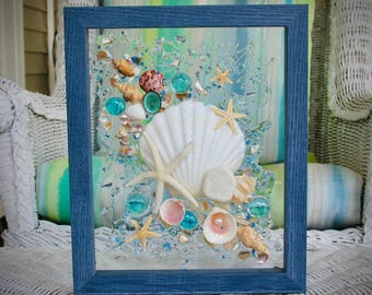 Seashell Resin Art for Blue Bathroom Decor, Blue Art for Beach Decor ...