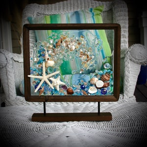 Wave Art on Wooden Stand for Beach Bathroom, Glass Art Display Frame ...