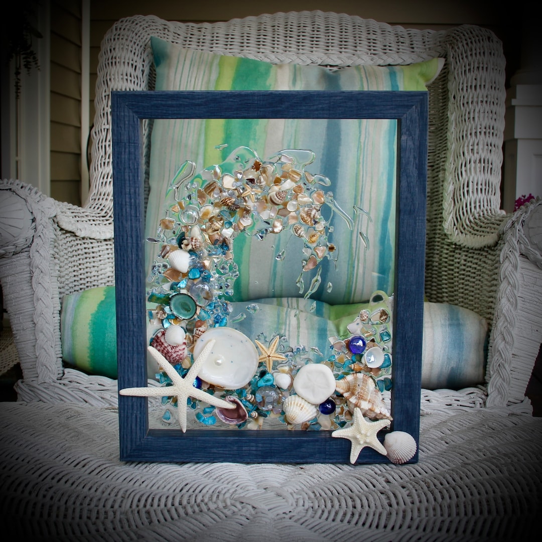 Seashell Resin Art for Blue Bathroom Decor, Blue Art for Beach Decor ...