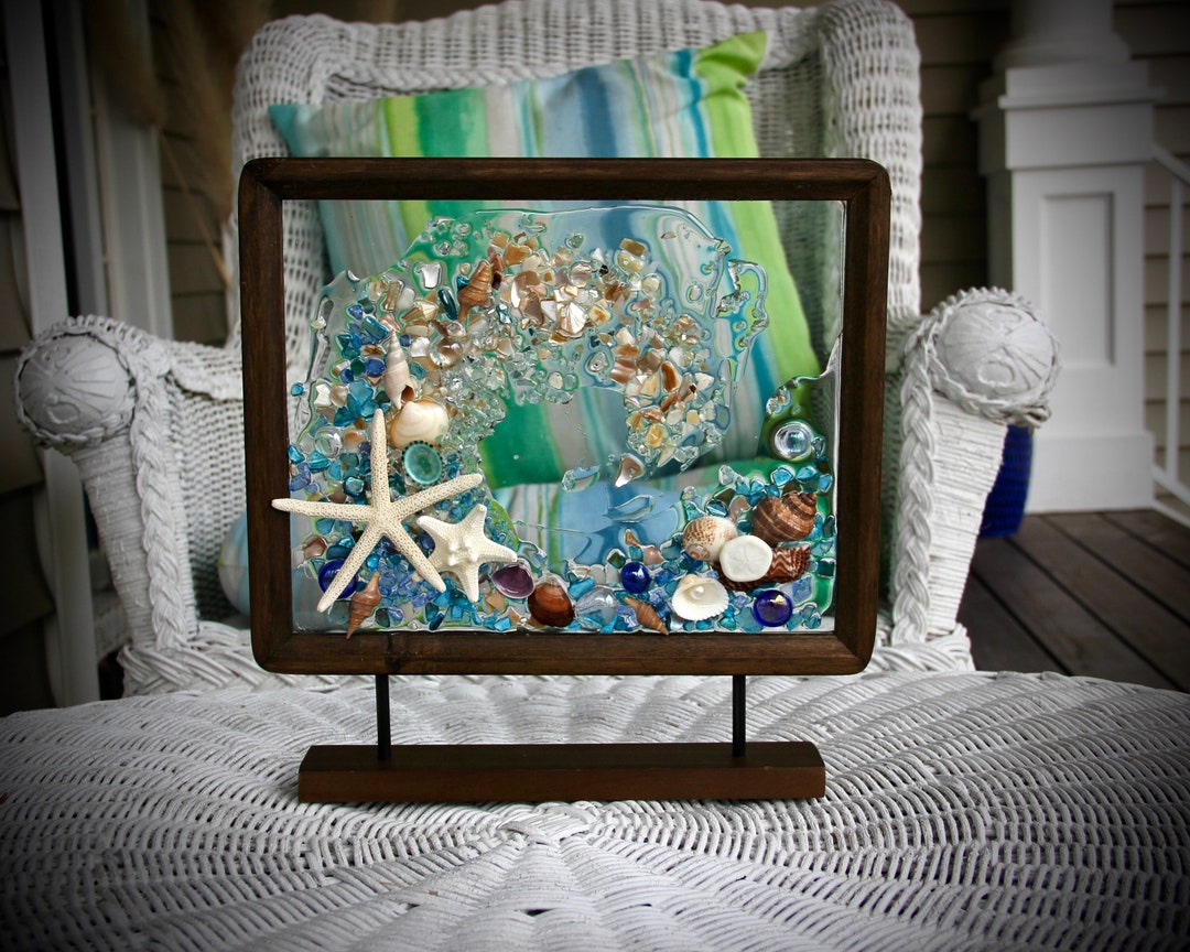 Wave Art on Wooden Stand for Beach Bathroom, Glass Art Display Frame ...
