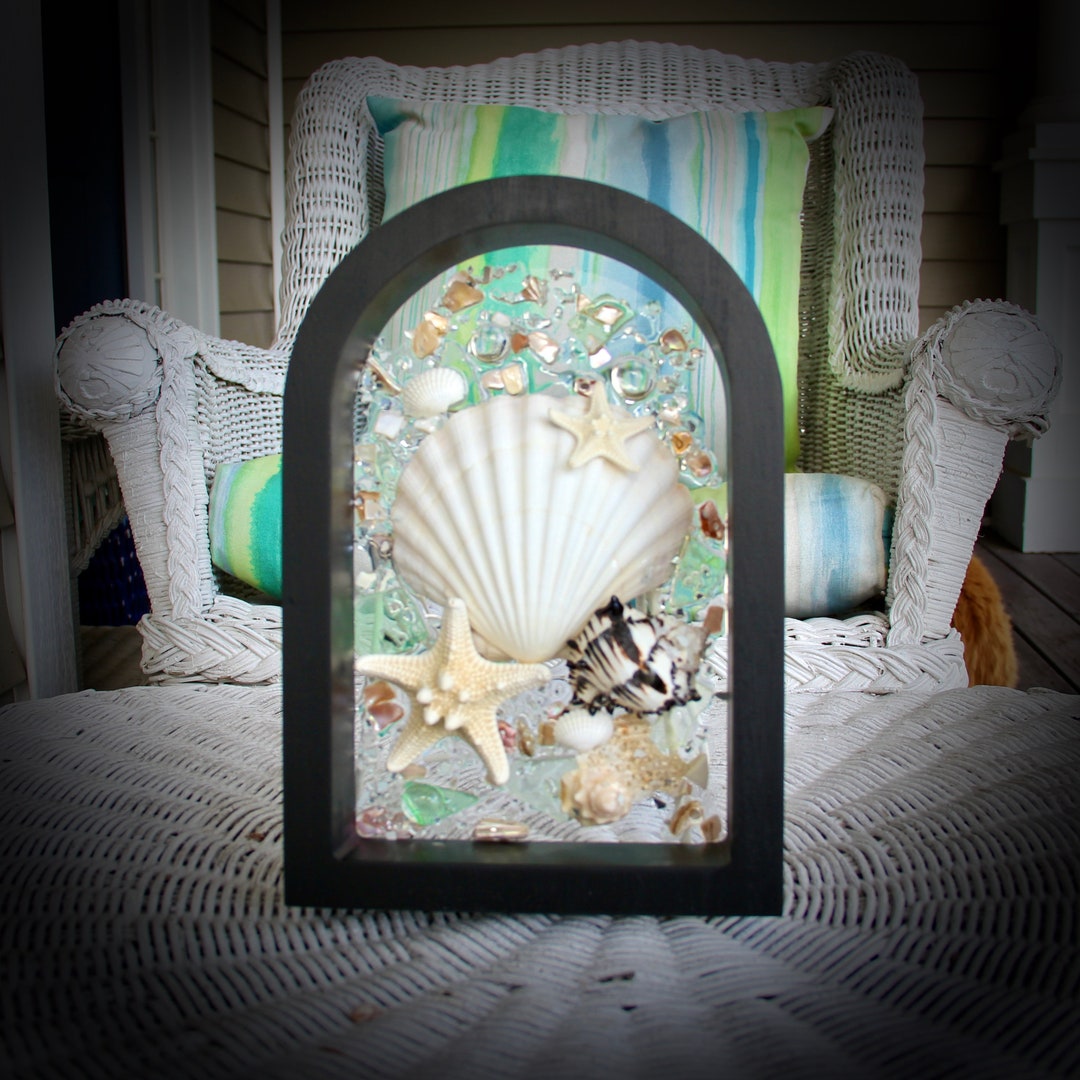 Black Arch Window Seashell Glass Art for Beach Decor, Beach House Wall ...