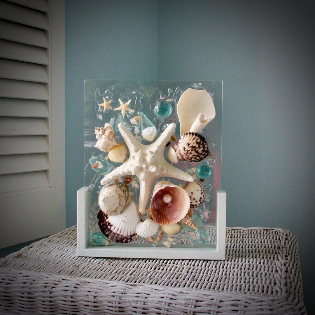 Shell Art for Beach House Decor, Seashell Glass Art in Teal Frame ...