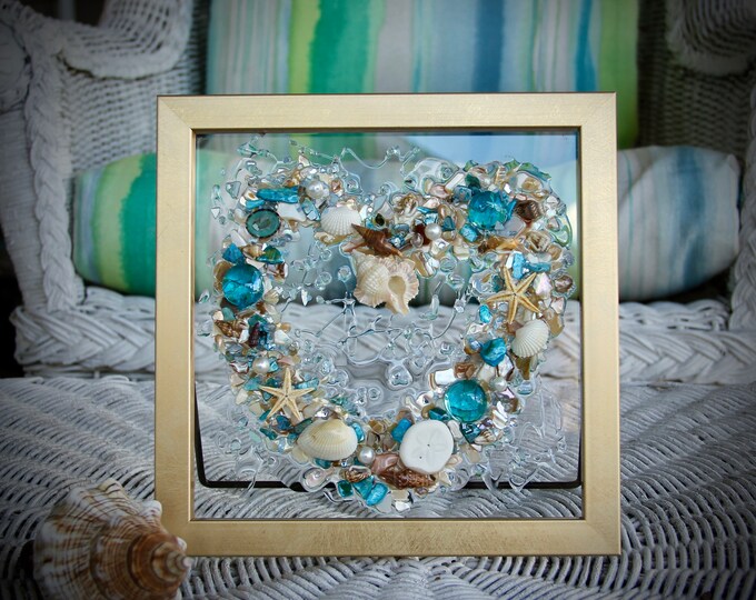 Beach House Decor Shell Glass Art, Nautical Wall Decor, Blue Heart ...