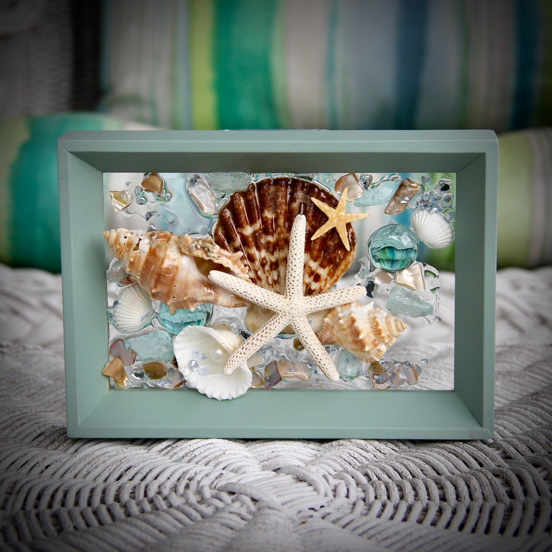 Teal Seashell Wall Hanging on Glass, Small Beach Art for Bathroom Decor ...