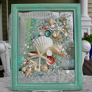 Teal Seashell Wall Hanging on Glass, Beach Art for Bathroom Decor ...