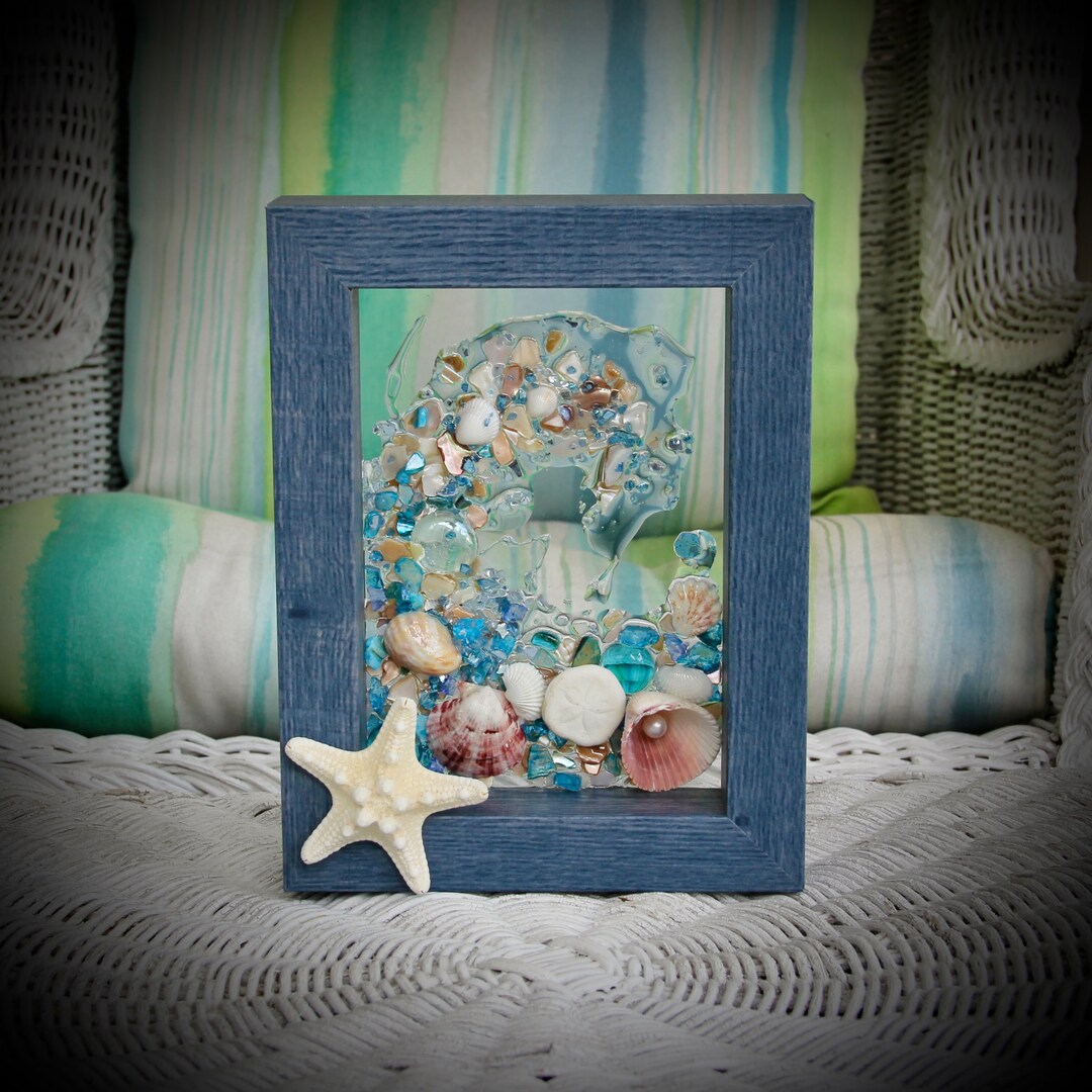 Seashell Resin Art for Blue Bathroom Decor, Blue Art for Beach Decor ...