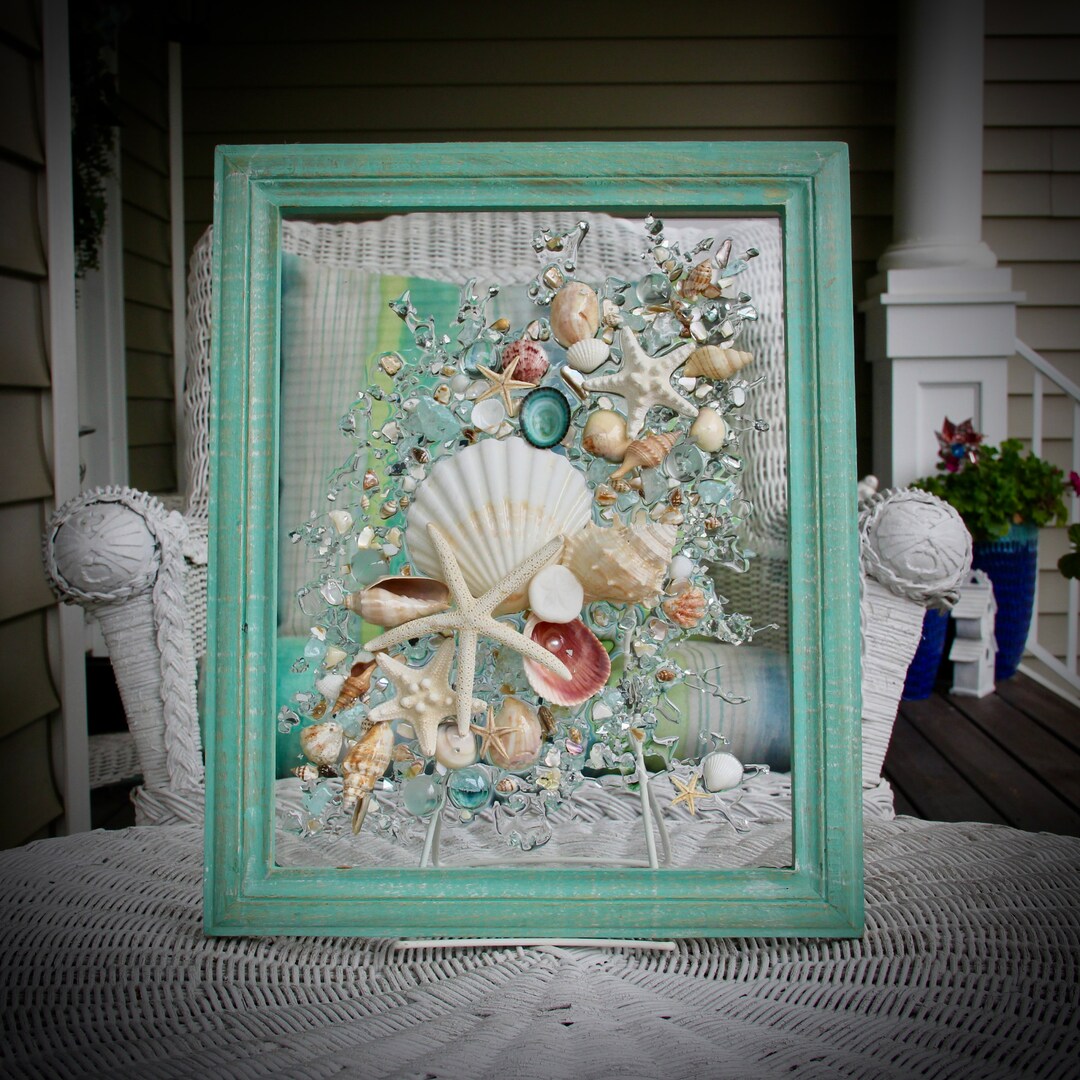 Teal Seashell Wall Hanging on Glass, Beach Art for Bathroom Decor ...