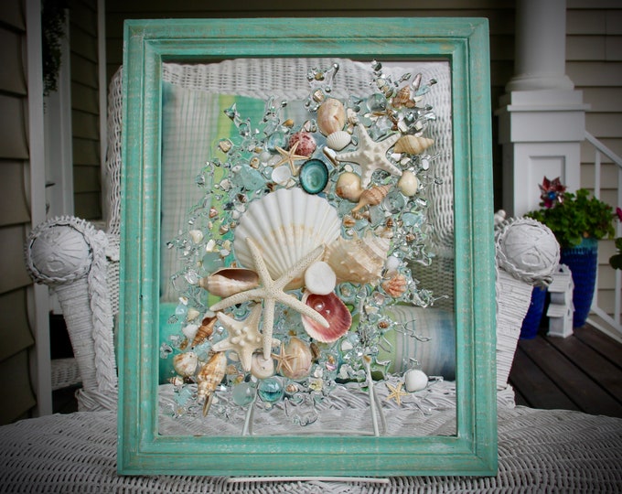 Teal Seashell Wall Hanging on Glass, Beach Art for Bathroom Decor ...