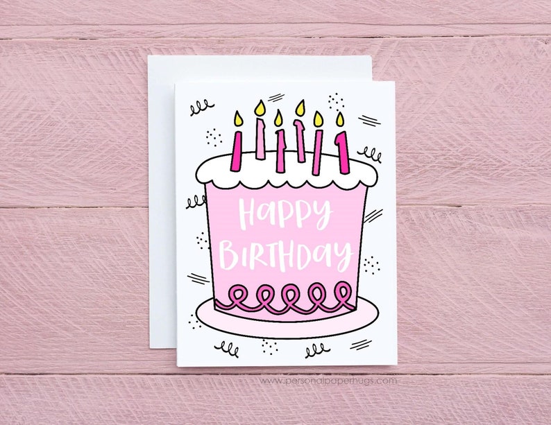 Pink Happy Birthday Cake Birthday Card Girly Birthday Card - Etsy