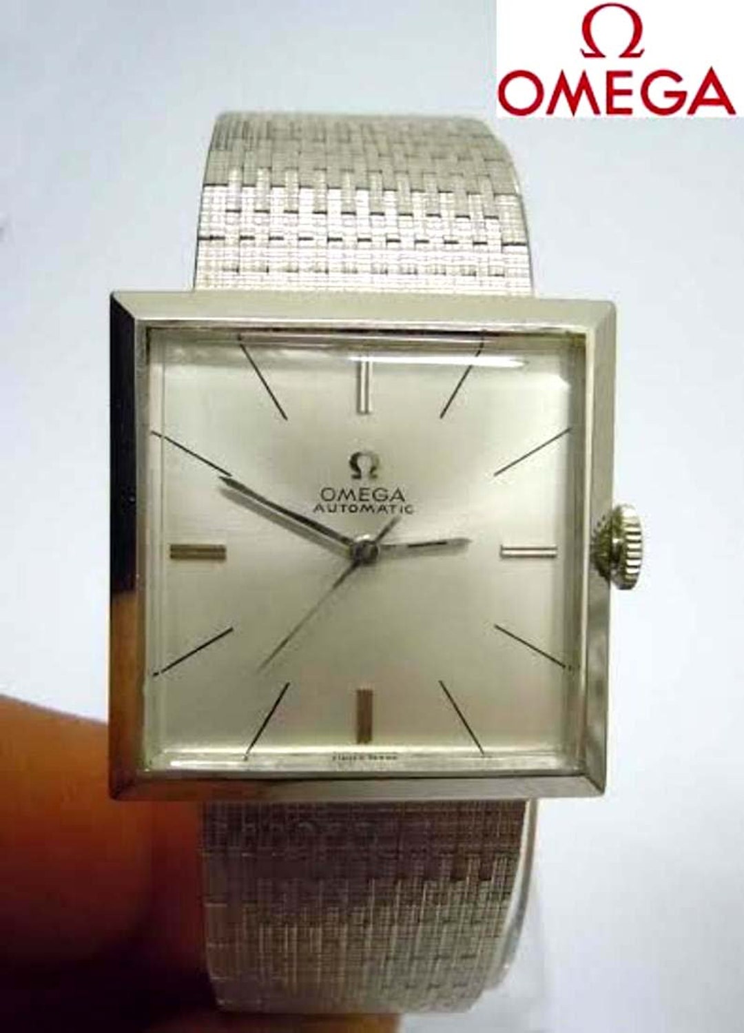 Mens 18kt White Gold Omega Automatic Fashion Statement Watch Square ...
