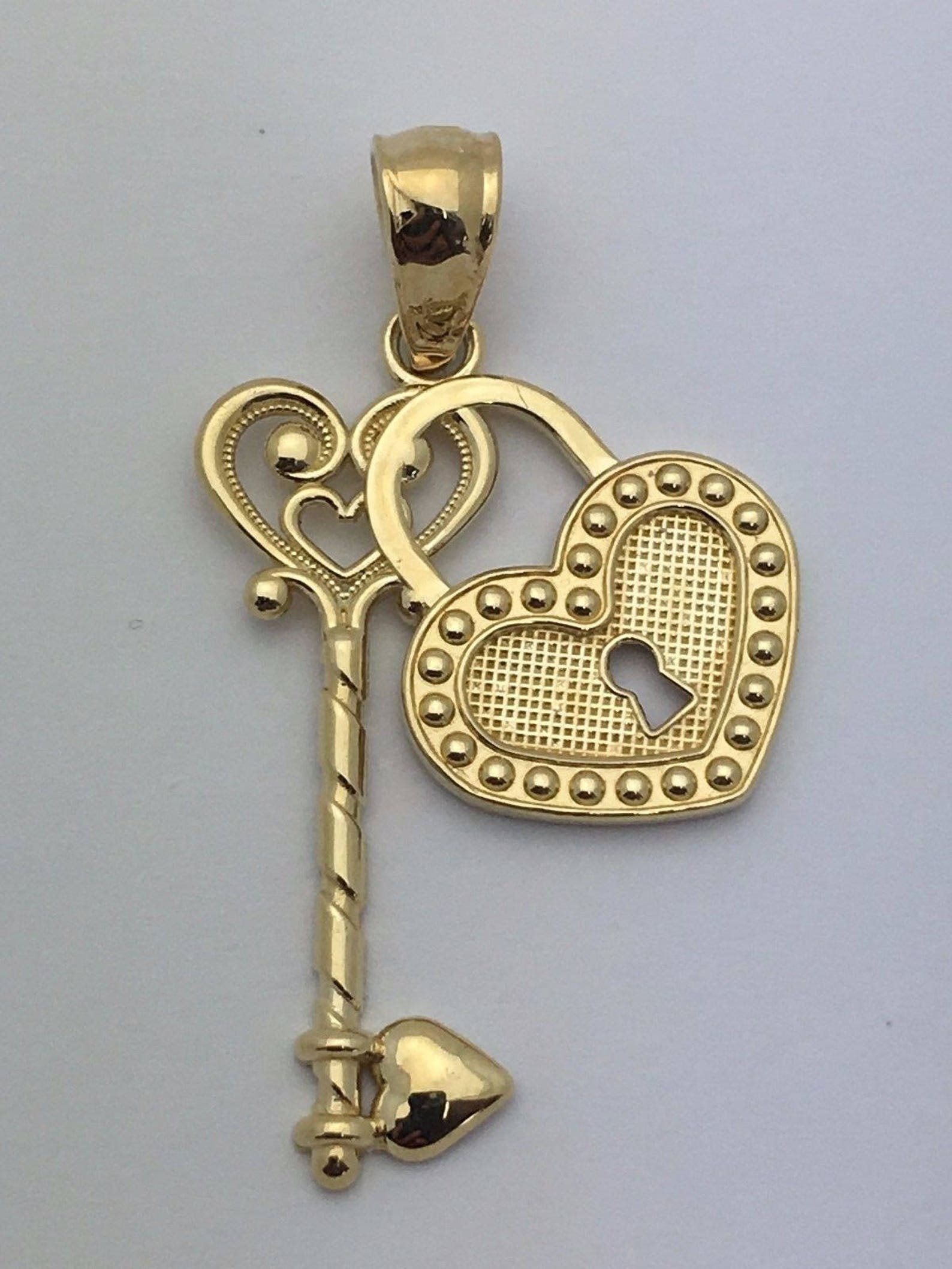14K Yellow Gold Heart Lock with Key to my Heart Charm Pendant | Etsy