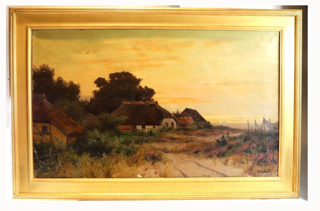 Walter Moras, C1890 German Oil Painting Homestead and Village Seafront ...