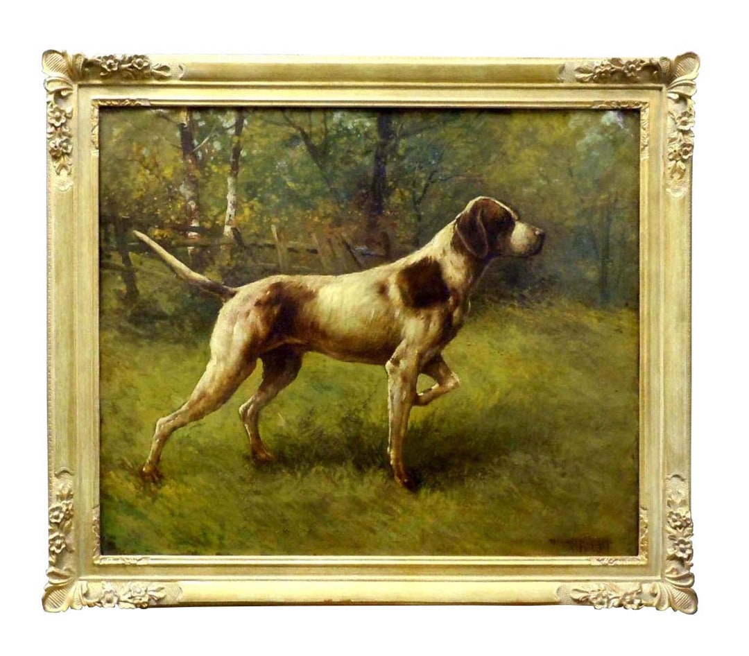 American School Pointer Hunting Dog Oil Painting Signed RET by AVD Mrch ...