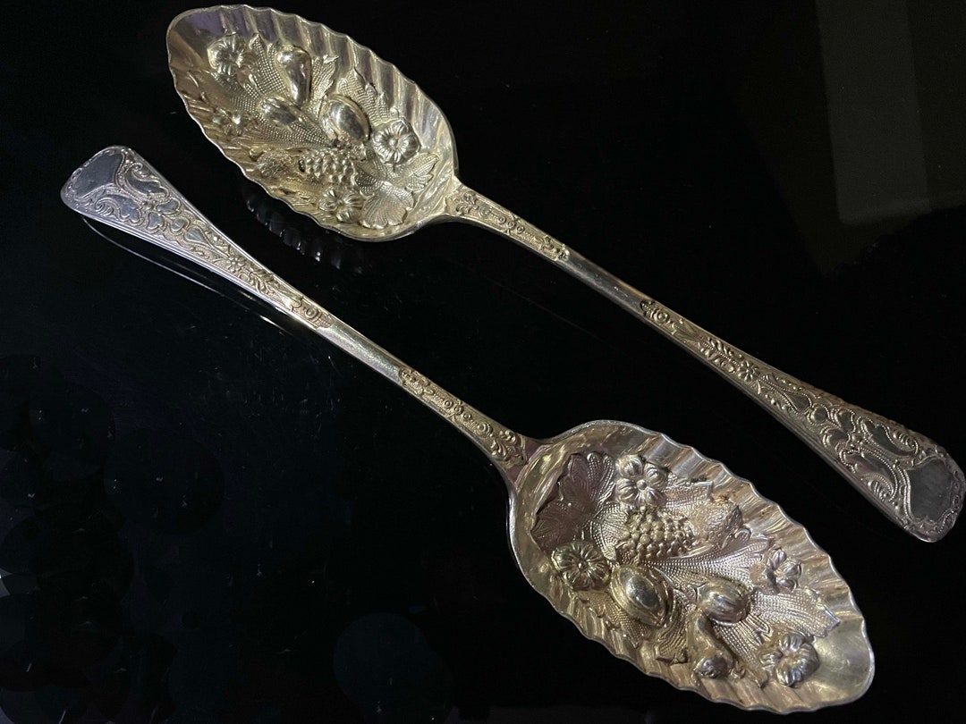 Stunning Vintage Pair of Heavy Repousse Silver Plated Berry Spoons - Etsy