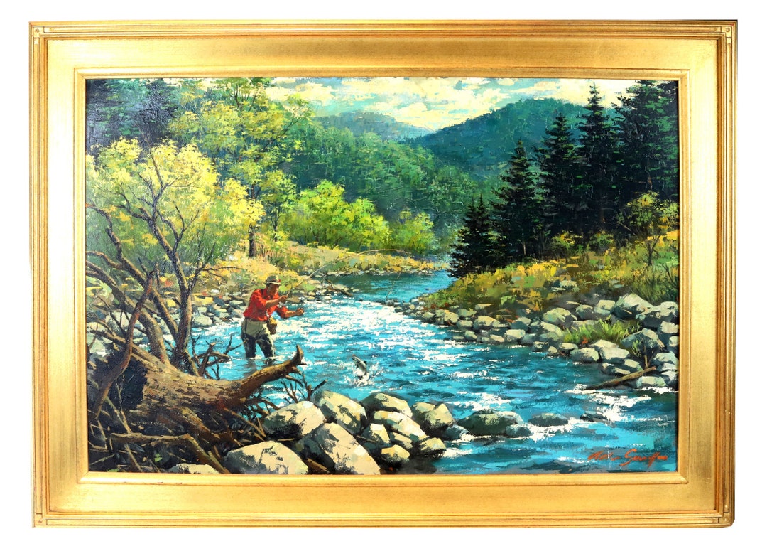 Arthur Saron Sarnoff Oil Painting 'the Hampshire Summer' Fly Fishing ...