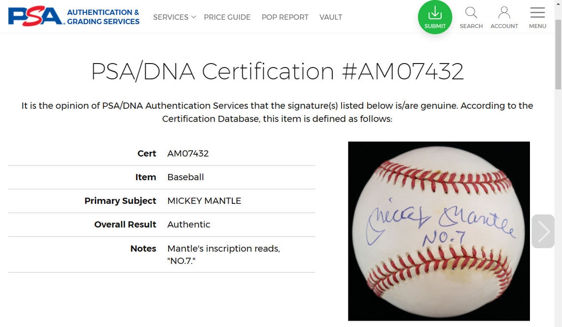 Mickey Mantle Signed Baseball PSA Certified Authentic Mickey Mantle NO ...