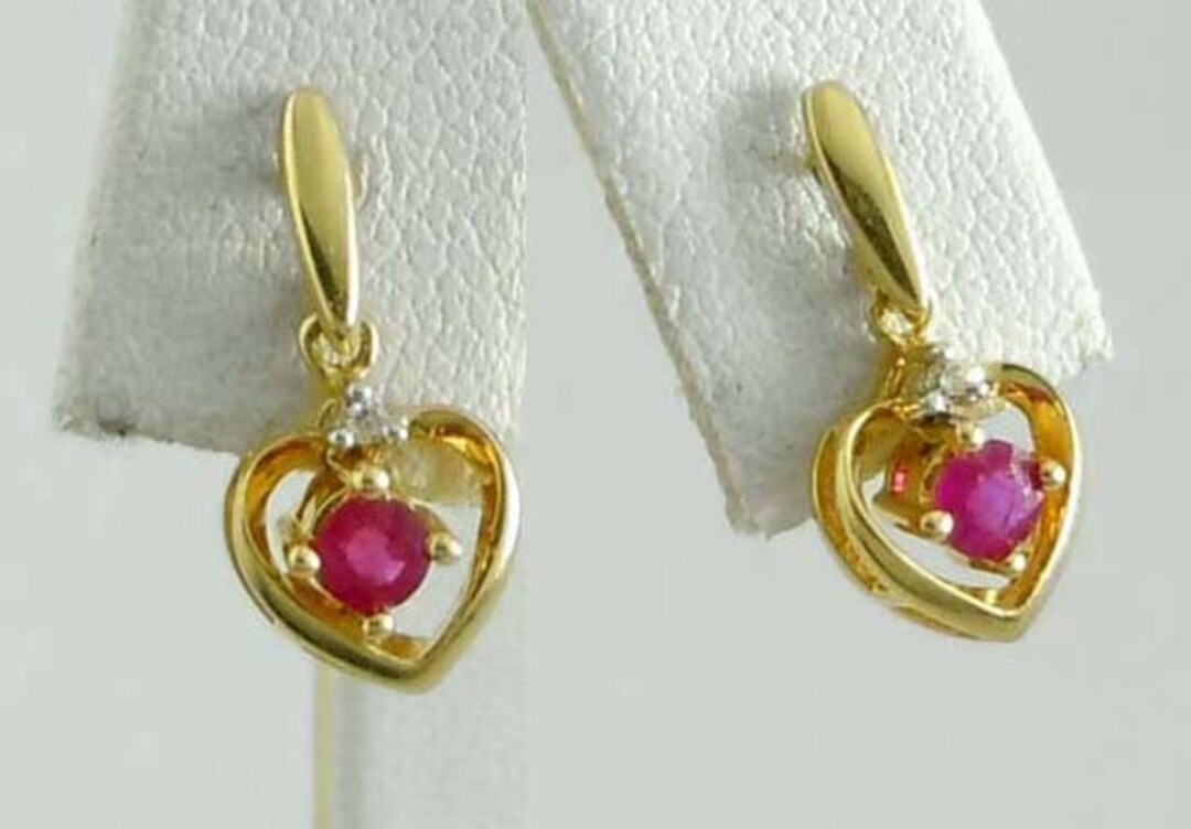14kt Gold Diamond Ruby Heart Charm Dangle Earrings July - Etsy