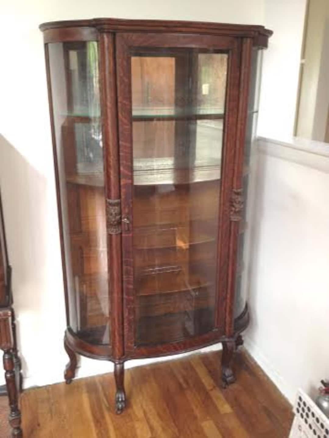 Tiger Oak Bow Front Curio China Cabinet Case North Wind Mask Lion ...