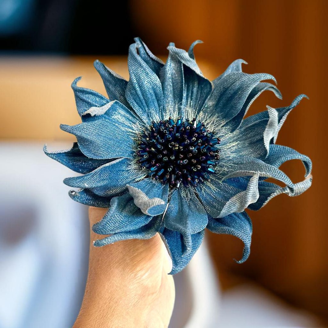 Denim Fabric Sunflower Brooch, Big Denim Flower, Handmade Blue Jeans ...
