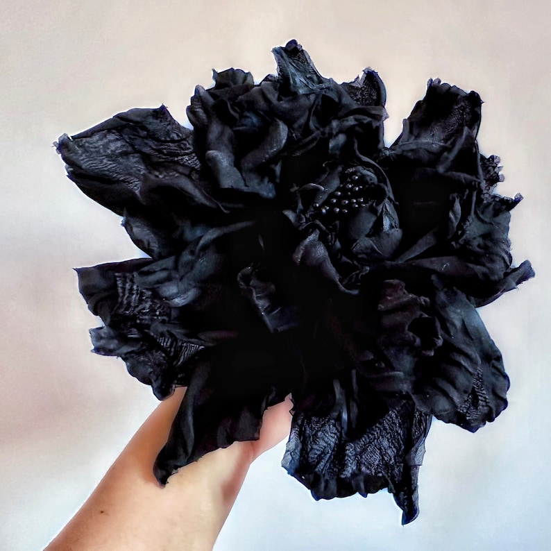 Large Black Flower Brooch, Black Silk Floral Pin, Unique Botanical ...